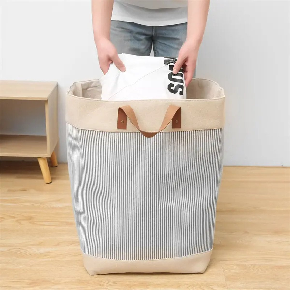 Opvouwbare wasmand van jute stof met lederen handvat opbergmand Laundry ...