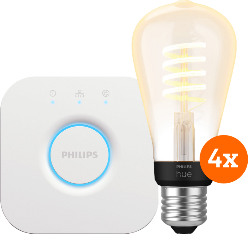 Philips Hue Filament White Ambiance Edison 4-Pack + Bridge - BCC.nl
